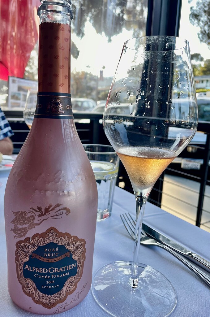 4 wines tasted blind at dinner: 2008 Gratien Cuvee Paradis Rose, 2016 ...